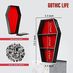 Gothic Life Coffin Shelf - Spooky Wooden Goth Decor for Home, Black Hanging Wooden Shelf for Wall or Table Top, Witchy Room Decor for Oddities and Curiosities, 50 Gothic Skull Witch Stickers Included