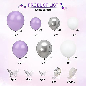 Lavender and Silver Balloon Garland Kit - BLOOMWIN Butterfly Theme Purple Balloon Arch Kit for Girl Baby Shower Women Bridal Shower Party Decorations - Purple and Silver Decorations for Birthday Party