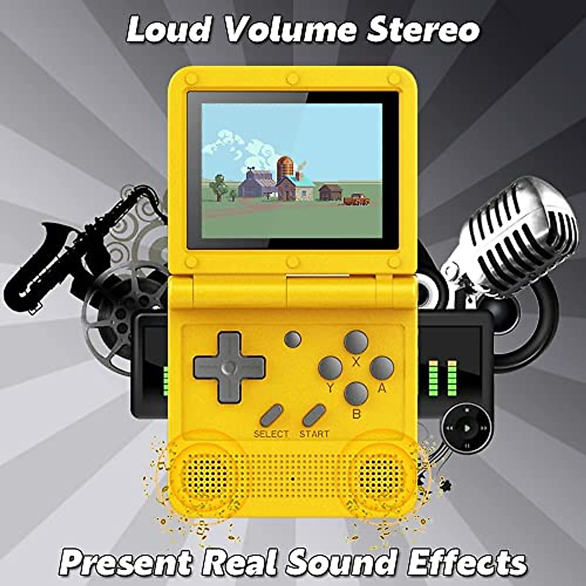 V90 Retro Clamshell Game Console 3 Inch IPS Screen Open System Handheld Game Console Built-in Rechargeable Battery Portable Style Handheld Gaming Video Console System with Case (Yellow, 64G)