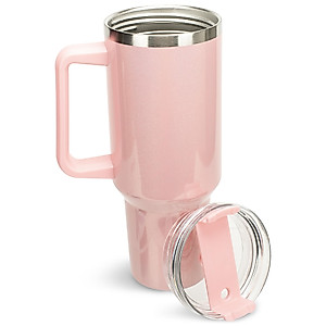 Elanze Designs Hippo Wise Fierce Curious Animal Traits 40 oz. Stainless Steel, Large Water Bottle Coffee Mug, Spill & Leak Resistant, Thermal Travel Tumbler with Handle, Lid & Straw, Pale Pink