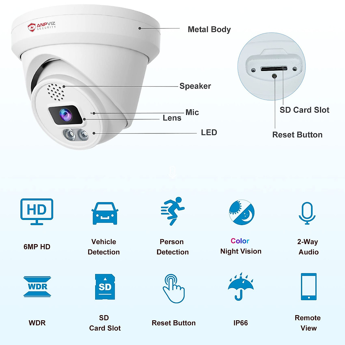 Anpviz 6MP POE Camera, UltraHD IP Camera with Mic& Speaker, Smart Color Night Vision Security Turret Camera for Day& Night, AI Human& Vehicle Detection Dome Camera with 2.8mm Lens, MicroSD(U Series)