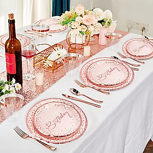 175PCS Happy Birthday Plates and Napkins Party Supplies, Paper Pink and Rose Gold Plates and Napkins with Rose Gold Plastic Forks Knives Spoons Serve 25 Guests for Girl Women Birthday Party Decoration