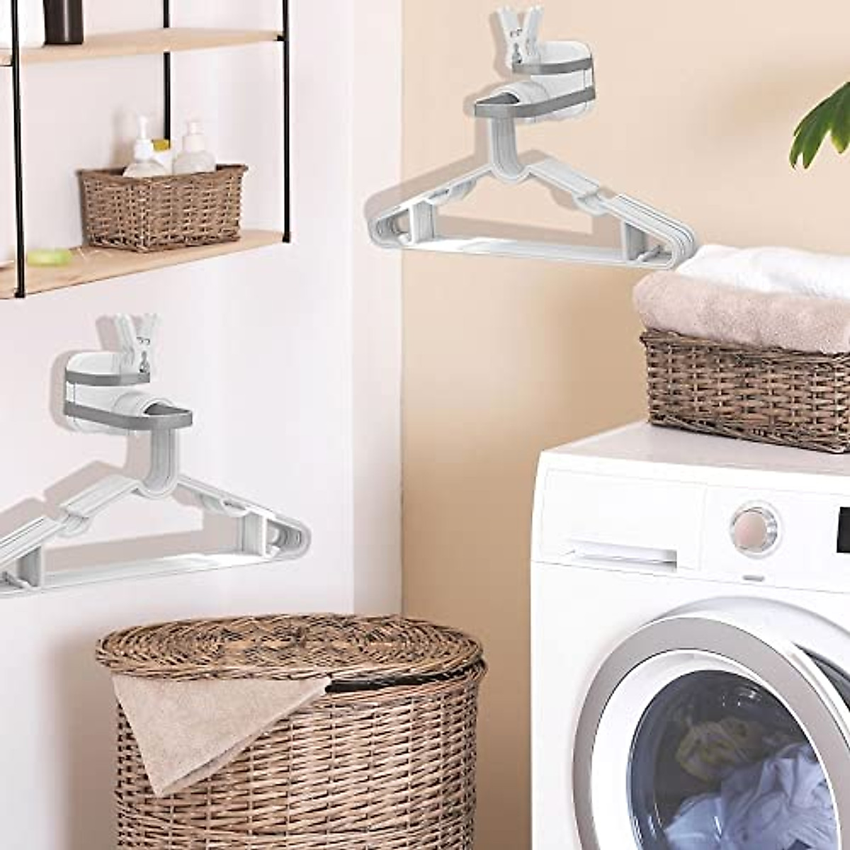LINFIDITE 2 Pack Clothes Hanger Organizer Hanger Storage Organizer Stacker Double Layers Foldable Hanger Holder Rack Wall Mounted Clothes Hanger Clips Organizer for Laundry Room Balcony Bathrooms,Grey