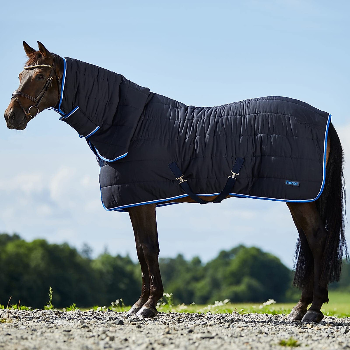 HORZE Glasgow Combo Anti-Slip Indoor Stable Horse Blanket with Attached Neck Cover (150g Fill) - Dark Blue - 72 in