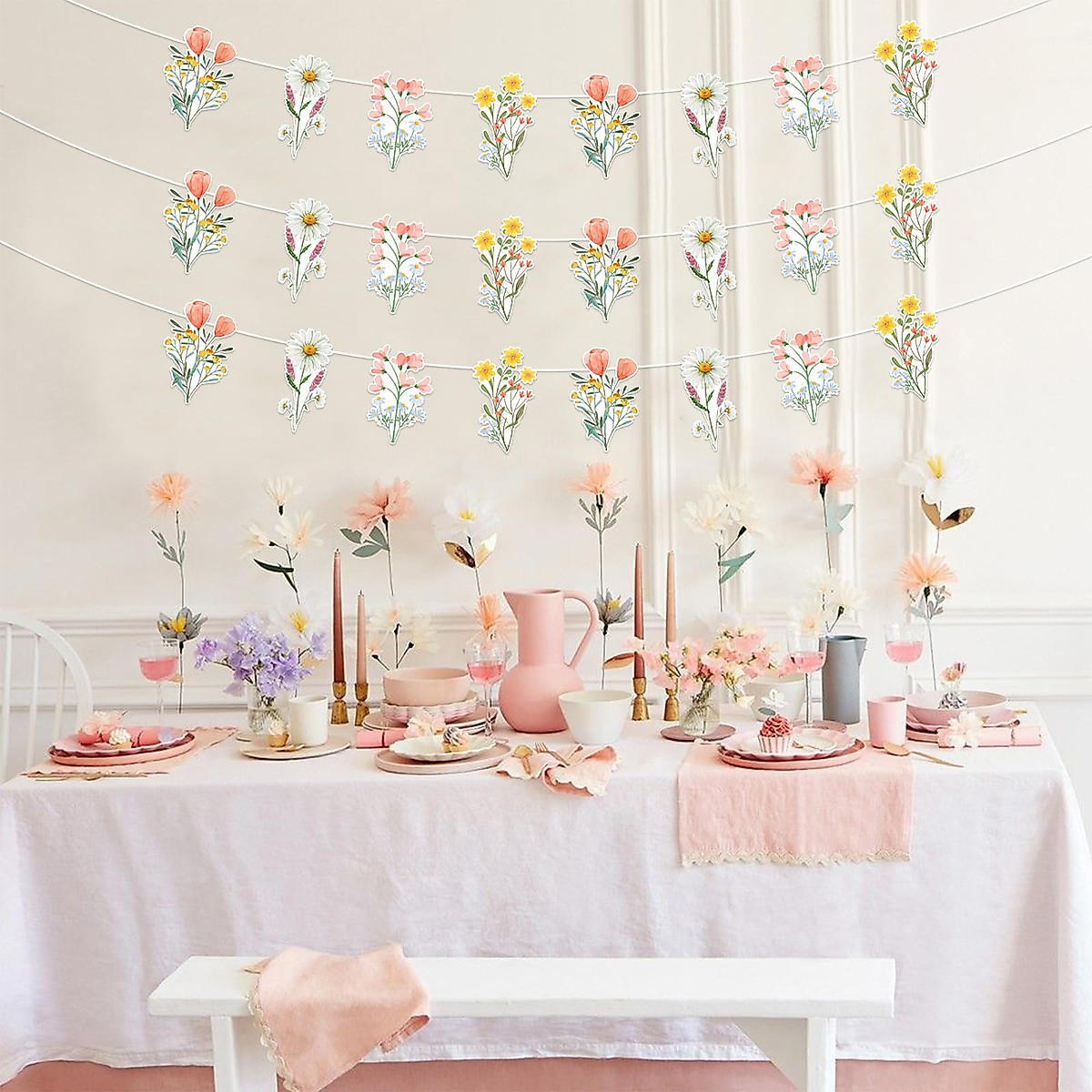 Fangleland 3Pcs Wildflower Garland Banners Decorations for Girl - Flower Theme Banners Birthday Hanging Decors, Wild Flower Spring Garden Baby Shower Wedding Party Supplies