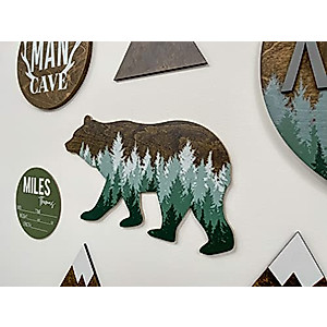Forest Bear Wall Sign, Adventure Woodland Theme, Rustic Nursery Decor, Pine Tree Mountain Aesthetic, 18 x 10 inches, Man Cave Home Bedroom Cabin Office House Art Decorations, Hickory Hollow Designs… (Dark Walnut/Green Pine Trees)