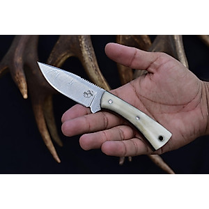 Knives Ranch Fixed Blade Hunting Knife - Full Tang EDC Knife - Damascus Skinning Knife - Bone Handle and Heavy Duty Horizontal Carry Sheath Snug Fit (4402-B)
