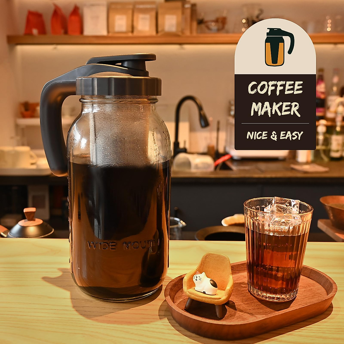 LIVEBAY Cold Brew Coffee Maker, Glass Mason Jar Pitcher with Heavy Duty Stainless Steel Mesh Filter & Flip Cap Lid - Iced Tea & Coffee (2 Quart /64 oz)-Gray