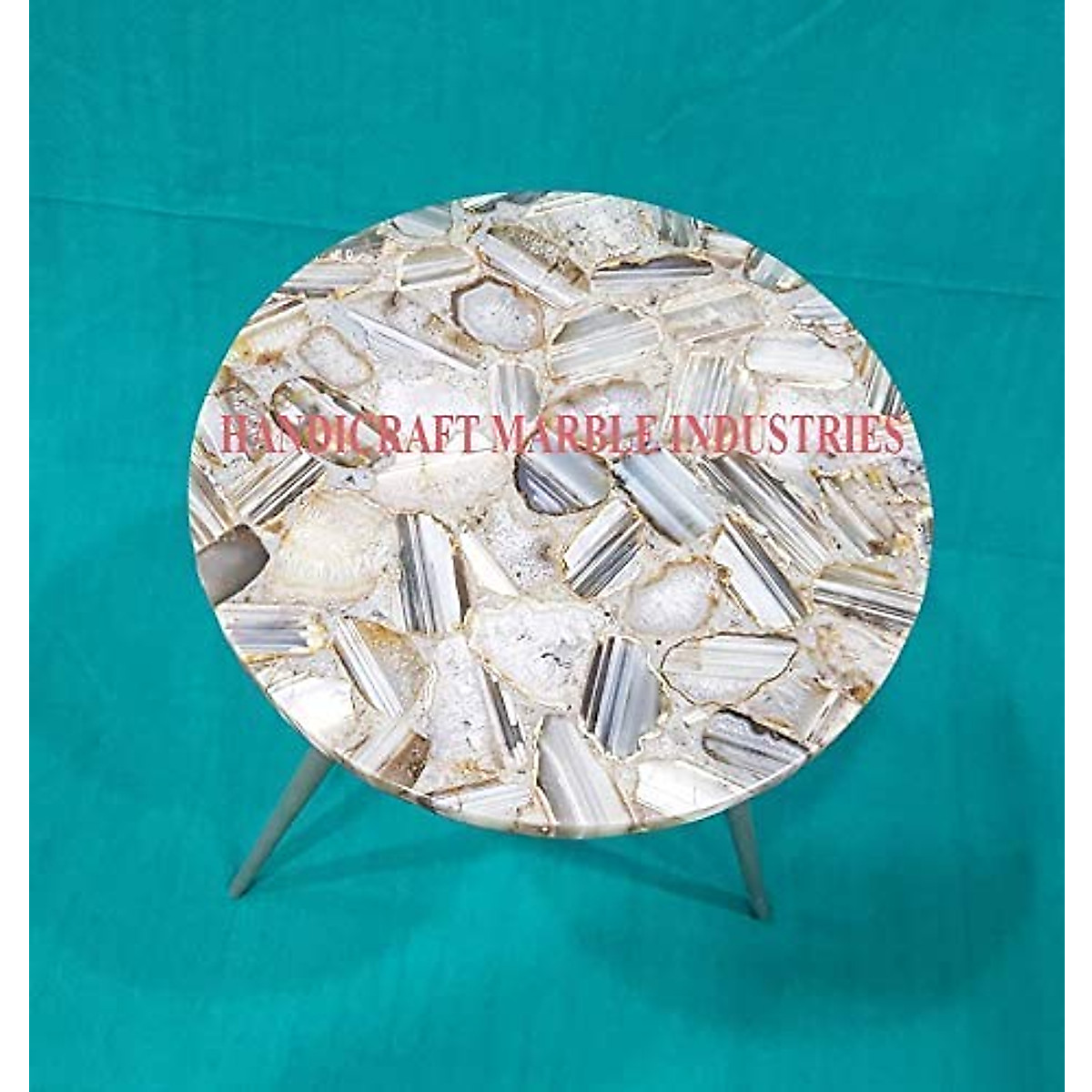 18" Inch Round Natural Grey White Brown Agate Coffee Table with Metal Base, Stone Coffee Table, Agate Table Top, Agate Round Coffee Table