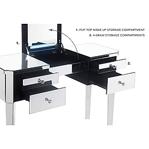 Inspired Home Mirrored Vanity Table - Design: Marabelle | 4 Drawers Lift-up Top | LED | Jewelry Holder | Cosmetics Organizer