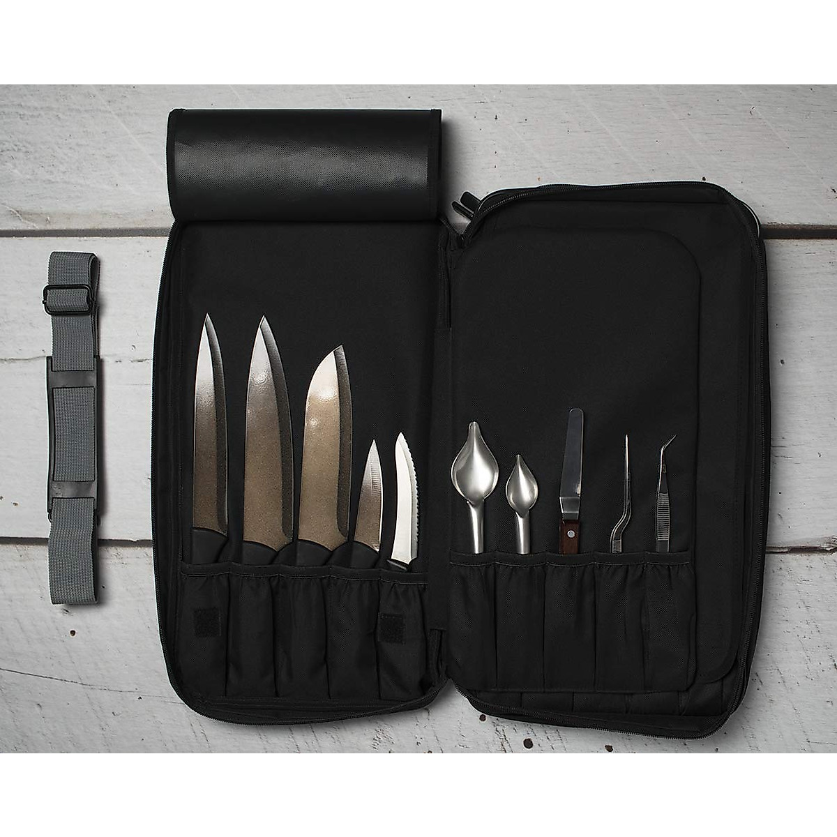 Asaya Chef Knife Bag - 28 Pockets for Knives and Kitchen Utensils - Durable Ballistic Nylon, Black Stainless Steel Hardware, Card Holder and Adjustable Shoulder Strap - Knifes not Included