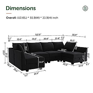 HONBAY Convertible Sectional Sofa Velvet U Shaped Couch with Reversible Chaise Modular Sectional Couch 6 Seater Sofa with Storage Seat, Black
