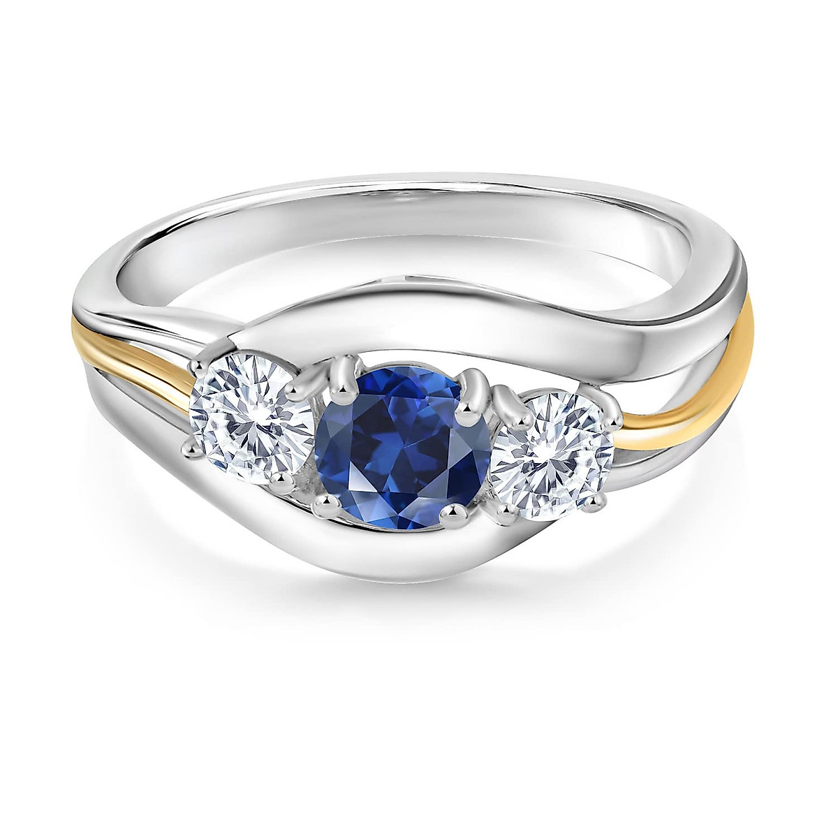 Gem Stone King 925 Sterling Silver and 10K Yellow Gold Personalized and Customized Name Engraved 3-Stone Round Gemstone Birthstone Ring For Women (Size 8)