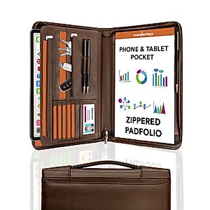 Wundermax 13x10.7x1.9in Vegan Leather Padfolio for Men/Women with Handle, Zipper, Notepad, Detachable Binder, Tablet Pocket - Brown