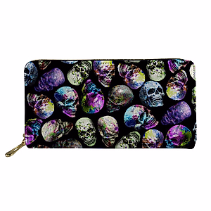 JEOCODY Sugar Skull Maxican Day of the Dead Candy Skull Dead Head Skull Skeleton Wallet for Women Girls Leather Long Wallet Travel Purse Credit Card Holder