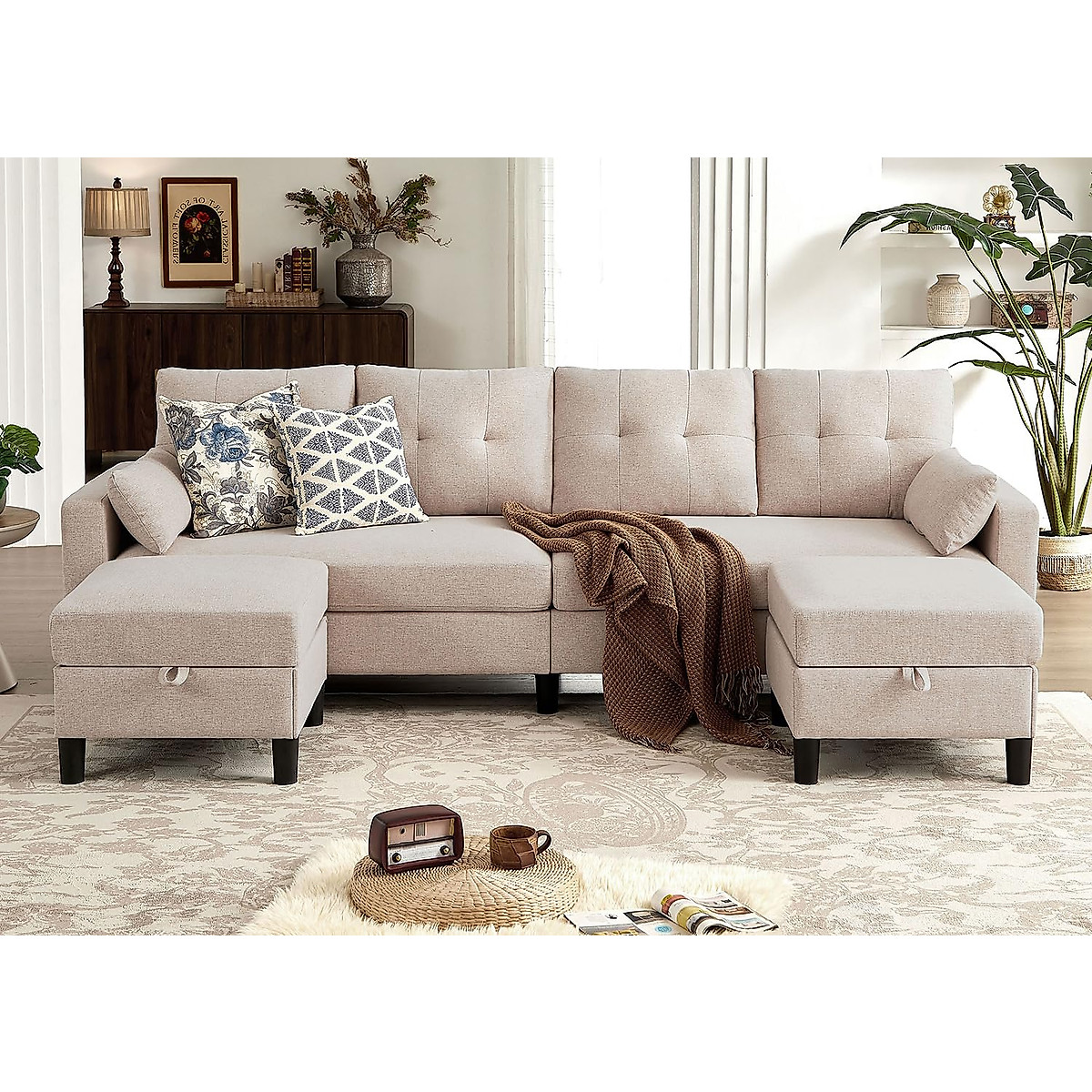 Tornama 101" Sectional Sofa Couch, Modern Polyester Convertible U Shaped Couch with Double Chaise and Storage Pocket, 4-Seat Sofa Set for Living Room, Beige