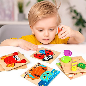 Dreampark Wooden Puzzles for Toddlers Ages 1-3, Montessori Toys for 1 2 3 Years Old Girls Boys Baby Kids Puzzle Learning Educational Christmas Birthday Gifts Toys 6 Pack Animal Jigsaw Puzzle