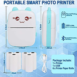 Portable Printer, Mini Pocket Wireless Bluetooth Thermal Printers with 6 Rolls Printing Paper for Android iOS Smartphone, BT Inkless Printing Gift for Label Receipt Photo Notes Study Home Office, Blue