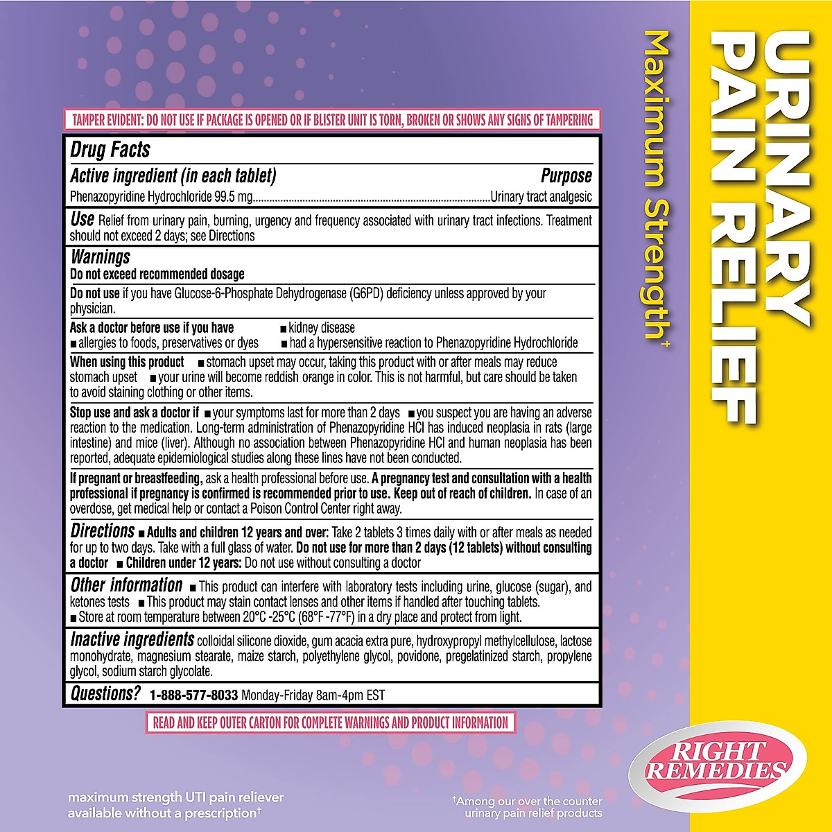 RIGHT REMEDIES Urinary Pain Relief Phenazopyridine HCl 99.5mg Tablets | Maximum Strength OTC for Fast Relief of UTI Pain, Burning and Bladder discomfort | Generic AZO Maximum Strength (72 Count)