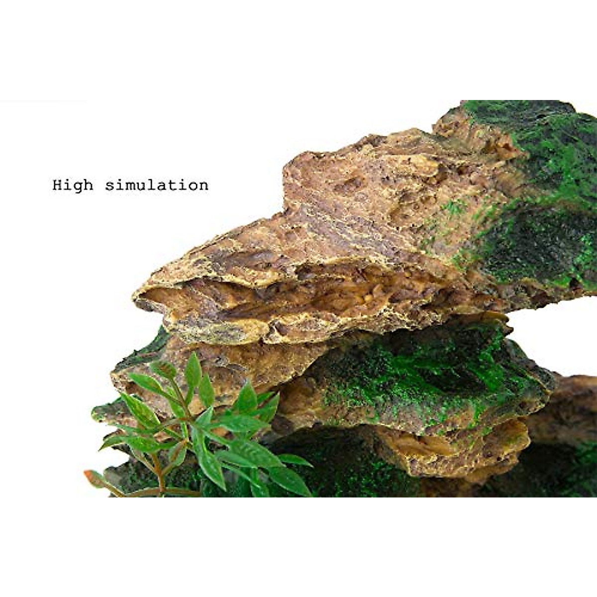 FEDOUR Aquarium Small Mountain View Stone Ornament, Moss Tree Rock Cave Landscape Artificial Fish Tank Decoration, with 6pcs Plants (Ash Browns)