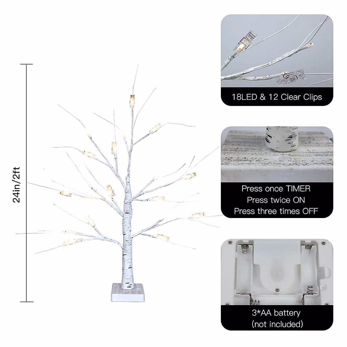DECORKEY Money Tree Gift Holder, 24" 2FT Birch Tree with LED Lights, Battery Powered Timer Display Trees Stands with 12 Clear Clips Card, for Christmas, Birthday, Wedding, Photo, Graduation (White)
