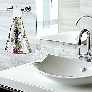 Red White Black Grapes with Green Leaves On White 2 Pcs Hanging Kitchen Hand Towels, Hanging Tie Towels with Hook & Loop Dishcloths Sets, Decorative Absorbent Tea Bar Bath Hand Towel