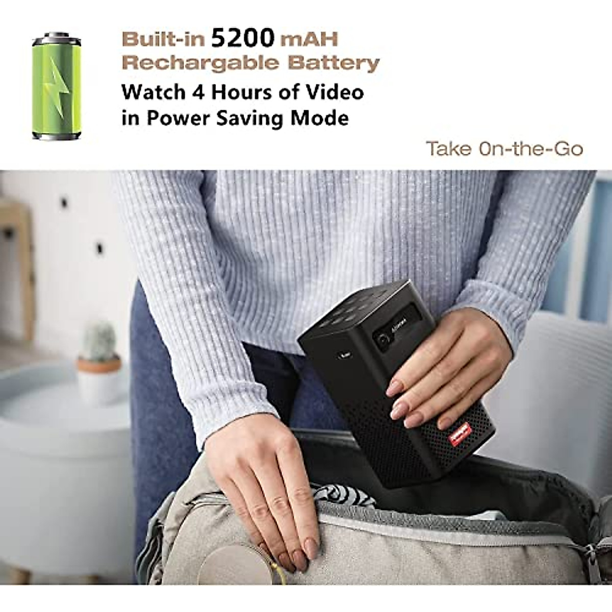 Missyee 150 ANSI Smart Portable DLP Movie Projector, Pocket Outdoor Projector for Phone 1080P HD Support Wireless Video Travel Short and Throw -Built-in 5200mAh Battery -iOS/Android/HDMI/USB