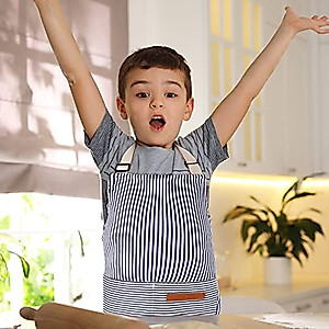 Jiuguva 2 Pack Kids Apron Adjustable Chef Apron Cotton Toddler Stripe Apron Cooking Aprons with 2 Pockets for Children Baking(Blue, Brown)