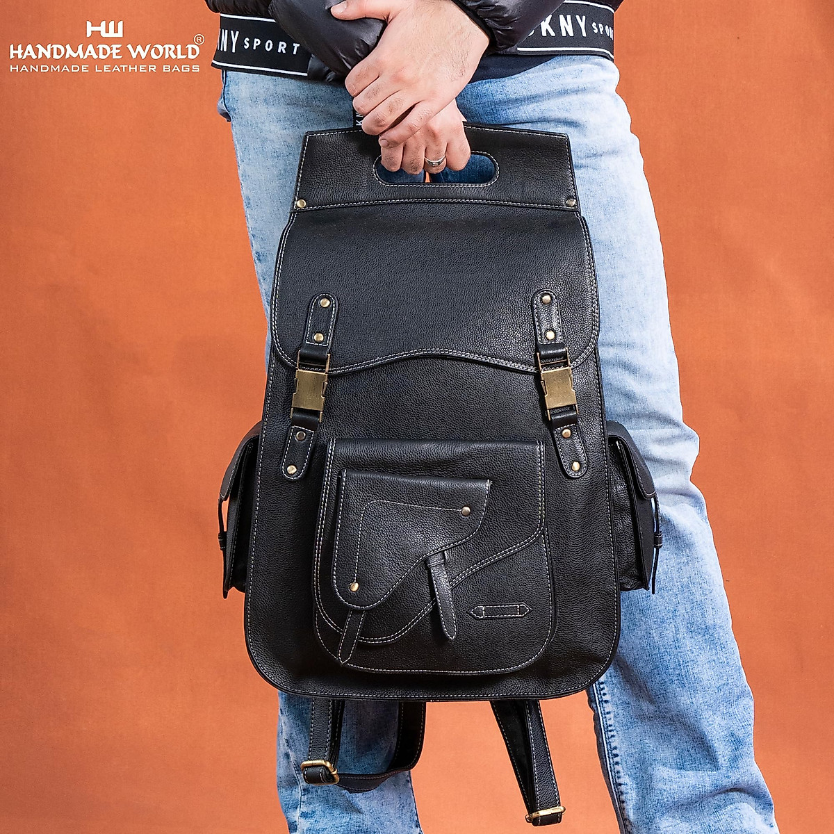 Handmade World Vintage Full Grain 18 Inch Black Leather Laptop Large Backpack Casual Bookbag Daypack Camping Travel Rucksack Knapsack
