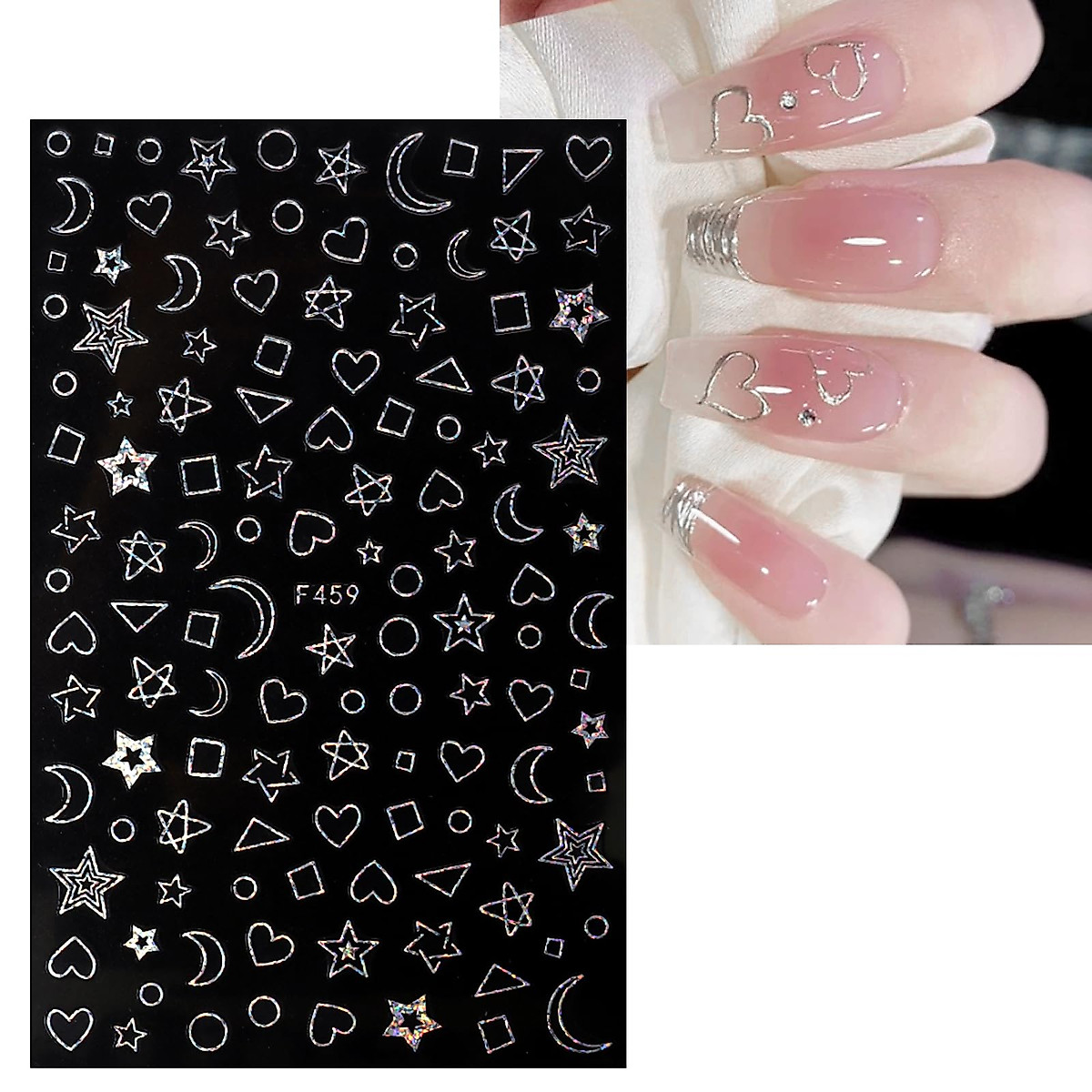 JMEOWIO 9 Sheets Moon Star Nail Art Stickers Decals Self-Adhesive Pegatinas Uñas Gold Silver Black Nail Supplies Nail Art Design Decoration Accessories