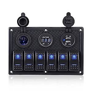 WATERWICH 6 Gang Marine Boat Car Rocker Switch Panel with Led Digital Voltmeter Dual USB Charger Cigarette Power Socket 5 Pin on/Off Switch for RV Vehicle Truck with Night Glow Stickers