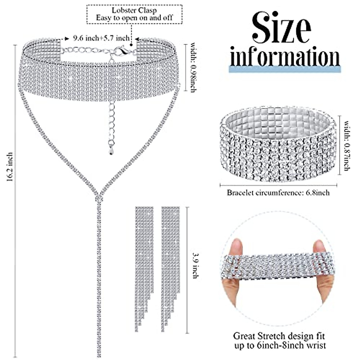 4 Pcs Rhinestone Clutch Purses Jewelry for Women, Silver Bride Purse Crystal Statement Necklace Dangle Earrings Bracelet (Chain Style)