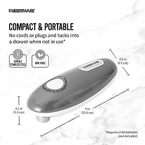 Farberware Compact Battery Operated Hands-Free Automatic Can Opener for any Size Can with Magnet to Safely Remove Lid, Seamless Opening Decreases Sharp Edges for Easily and Safely Opening Cans, Gray