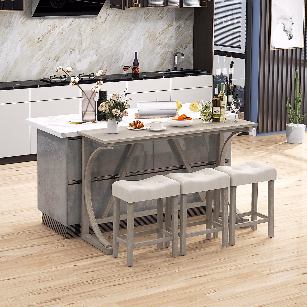 COSTWAY 4-Piece Farmhouse Bar Table Set with Power Outlet, Counter Height Dining Table Set w/ 3 Upholstered Stools, Wood Console Table Set Bistro Table Set for Kitchen, Dining Room, Living Room