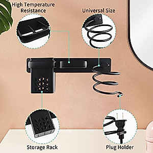 Hoteelee Hair Dryer Holder Wall Mounted,Bathroom Hair Tool Organizer for Blow Dryer Hair Straightener Bedroom Hanger Rack Aluminum Space Saving Storage Bracket with Plug Hook & Cup (Black)