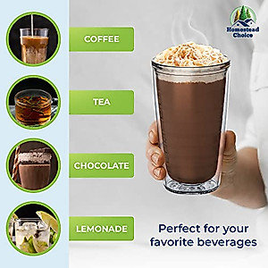 Insulated Drinking Glasses 16oz 4-pack - Made in USA Great for Iced Coffee & Hot Drinks, Clear Double Wall Plastic Tumbler Cups, Microwave, Freezer & Top Rack Dishwasher Safe Reusable Cups