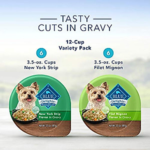 Blue Buffalo Delights Natural Adult Small Breed Wet Dog Food Cups Variety Pack, in Hearty Gravy, Filet Mignon & New York Strip 3.5-oz Cups (12 count - 6 of each Flavor)