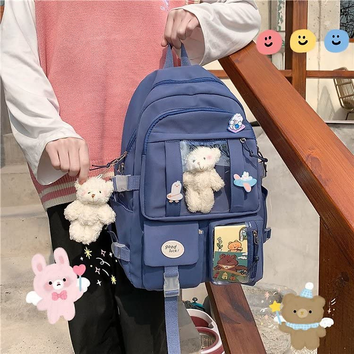 CHERSE School Backpack for Teen Girls Back to School Aesthetic Cute Adorable Lovely with Pin and Cute Accessory (Blue)