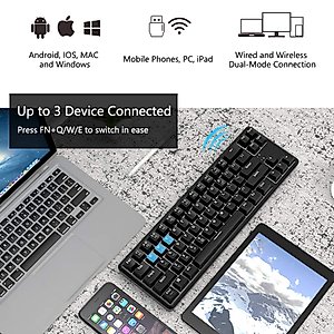NACODEX K680T 60% Wireless/Wired Mechanical Keyboard - Compact 68 Keys 1000mAh Rechargeable Gaming/Office Keyboard Multi-Device for iOS Android Windows and Mac (Blue Switch White Backlit Black)
