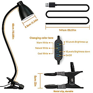 BOHON Desk Lamp 3 Color Modes 10 Brightness Dimmer Reading Light 10W 38 LED Clamp Lamp with Auto Off Timer 360° Flexible Gooseneck Clip on Light for Bed Bedside, AC Adapter Include