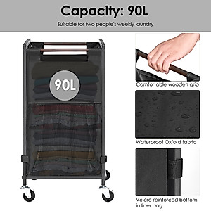 Laundry Hamper with Wheels & Adjustable Feet; 90L Laundry Basket with Removable Liner Bag & Side Mesh Pocket; Clothes Basket for Bathroom, Bedroom; Laundry Sorter with Wood Handle (Black)