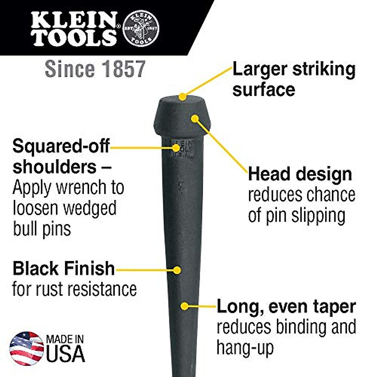 Klein Tools 3255 Bull Pin, Broad Head Bull Pin Resists Corrosion and Mushrooming, Heat Treated Steel with Black Finish, 1-1/4-Inch