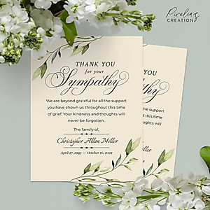 Greenery personalized sympathy thank you notes, Funeral thank you cards with envelopes.