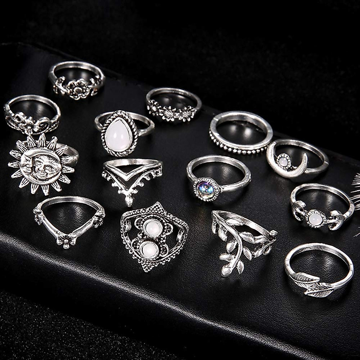 SEniutarm Engagement Love Rings Wedding Bands 14Pcs Vintage Sunflower Moon Finger Midi Knuckle Rings Set Women Party Jewelry for Women/Girl Finger Rings DIY Jewelry Gifts - Silver