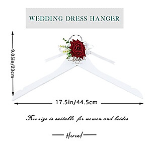 Heread Wedding Hangers White Wood Color Flower Bride Dress Hanger Leaf Groom Suit Hanger Engraved Wedding Grown Hanger with Ribbon Bow Knot for Women and Men (Bride (Pack of 1))