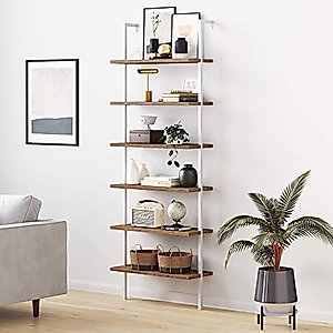 Nathan James Theo 6-Shelf Tall Bookcase, Wall Mount Bookshelf with Natural Wood Finish and Industrial Metal Frame, Rustic Oak/White