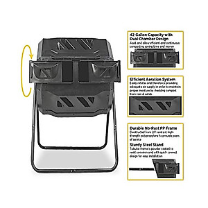 MaxWorks 80699 Compost Bin Tumbler for Garden and Outdoor, 42 Gallon Capacity with 2 Chambers Dual Rotating Composting Tumbler , Black