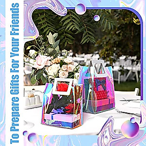 CHENGU 10 Pcs Holographic Gift Bags Clear Iridescent Reusable Birthday Gift Bags Handle PVC Gift Wrap Shopping Bags Waterproof Transparent Tote for Women Girl Wedding Party Baby Shower (7 x 8 x 4 Inch)
