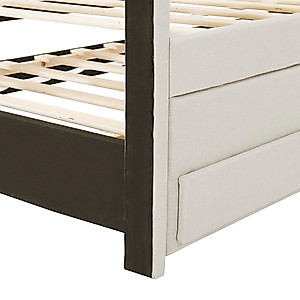 FANYHOME Upholstered Platform Bed, Twin Size Wooden Bed Frame with Pull-Out Twin Size Trundle and 3 Drawers, Wood Slat Support, No Box Spring Needed, Linen Fabric, Beige