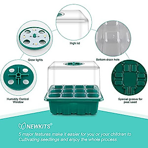 Seed Starter Tray with Grow Light, NEWKITS Plant Germination Starter Kit Seed Starter kit with Humidity Dome and Base for Greenhouse Grow Wheatgrass Hydroponic(12 Cells per Tray) (with Grow Lights)
